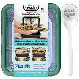 Fancy Panz Classic, Food Serving Tray, Made in the USA Foil Pan Carrier, Stackable Aluminum Pan Holders with Clear Lid, Travel Casserole Carrier With 1 Disposable Foil Pan & Serving Spoon, Green