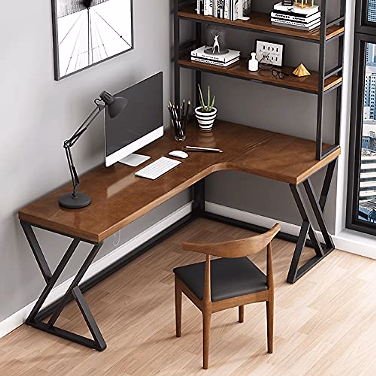 Computer Desk/Writing Desk Multifunctional L-Shaped Corner Desk Home Office Desk with 3-Layer Storage Shelves Large Monitor Stand Workstation, Rustic Brown and Black PC Table Study Table
