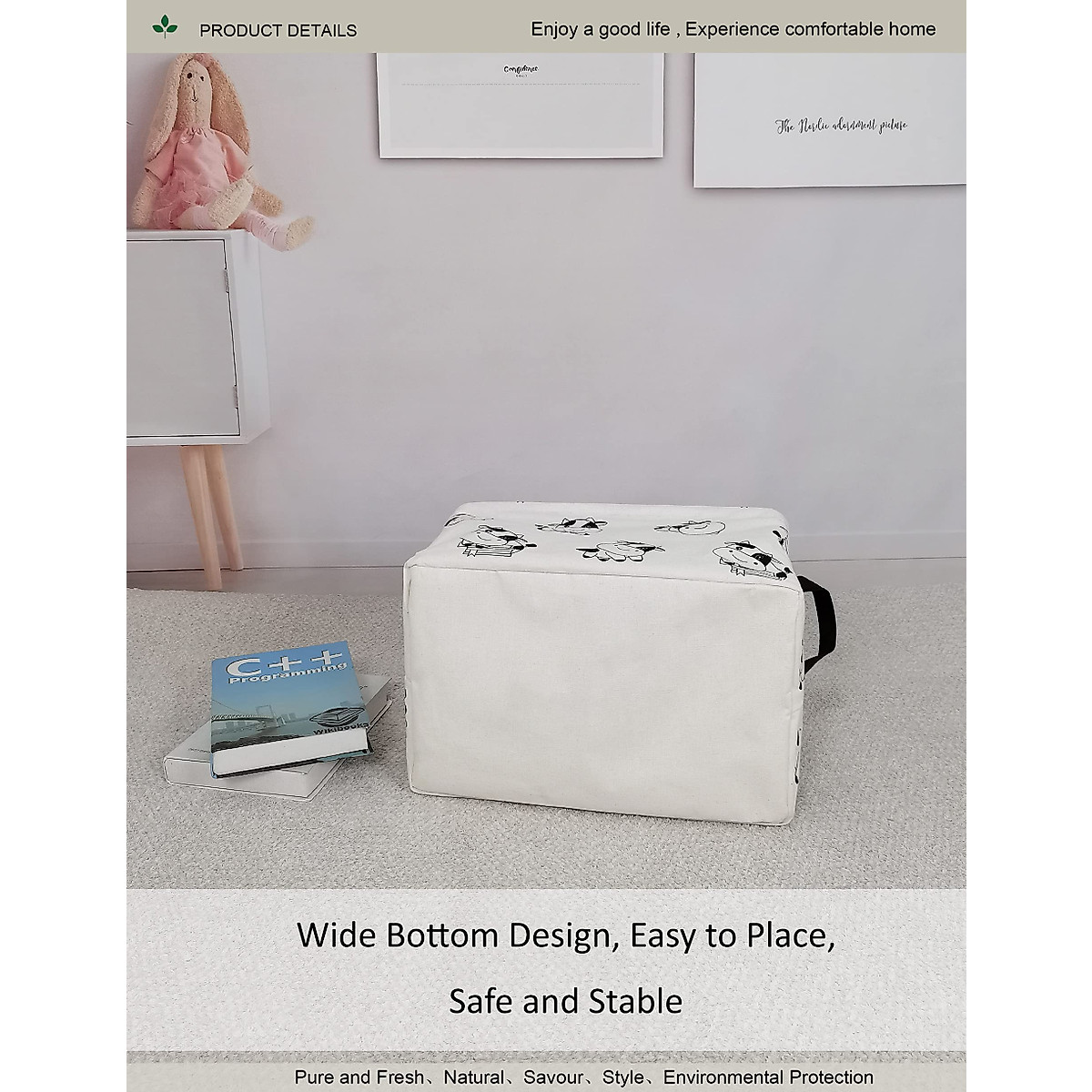 ONOEV Rectangular Folding Laundry Basket,Canvas Basket,Nersury Hamper,Suitable for Children,Office,Bedroom,Clothes,Toys Storage (REC Cow), 14.9’’L ×10.2’’W×9.05’’H inches