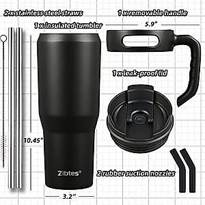 Zibtes 40oz Insulated Tumbler With Lid and Straws, Stainless Steel Double Vacuum Coffee Tumbler With Handle, Keeps Drinks Cold up to 34 Hours or Hot for 12 Hours(Black 1 pack)