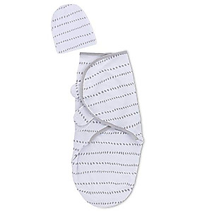 Petit Dreams Adjustable Swaddle and Beanie Set Jersey Knit Cotton for Baby Boy Or Baby Girl from 0-3 Months, Grey Dotted Stripes