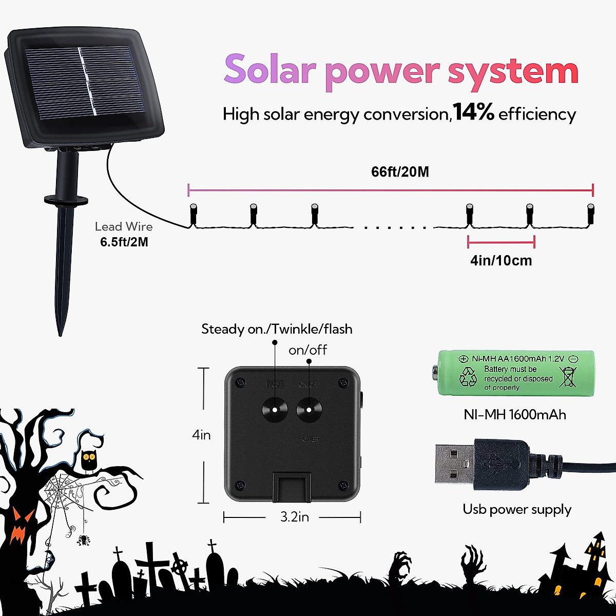 Hopolon Solar Halloween String Lights Outdoor Waterproof,72ft 200LED Purple Red Solar String Lights with USB for Christmas, Halloween, Garden, Christmas Tree, Outdoors Patio Garden Party(Purple Red)