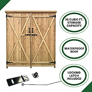 Hanover Outdoor Durable Double Door Wooden Shed for Tools and Garden Supplies with Shelf and Locking Latch, 36 Cu.Ft. Capacity (4.4' x 5' x 1.6'), Outdoor Storage for Backyard with Waterproof Roof