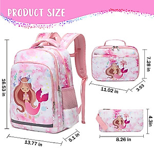 Aimeen Backpack for Girls Mermaid Backpack with Lunch Bag Pencil Box 3 in 1 Sets for Age 3+ Children Teen Elementary Lightweight School Bags