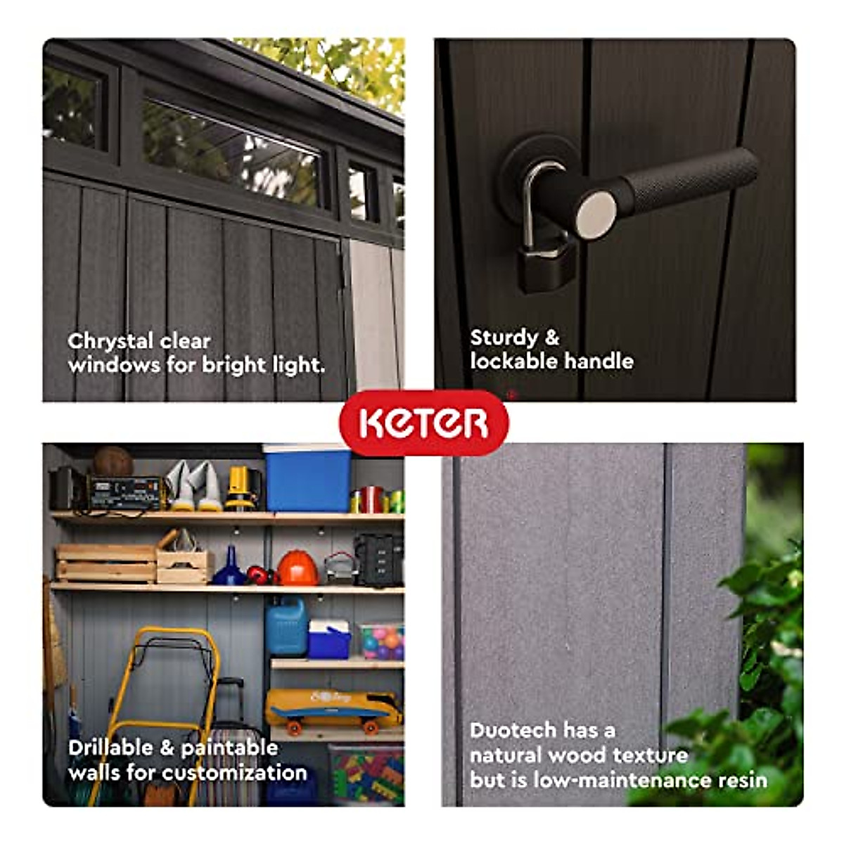 Keter Artisan 7x7 Foot Outdoor Shed with Floor-Modern Design for Patio Furniture Lawn Mower, Tools, and Bike Storage, Grey