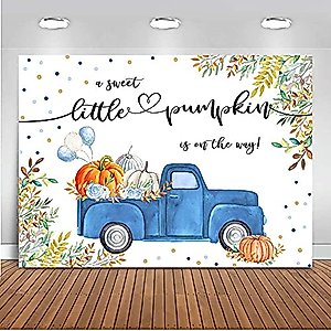 Mocsicka Pumpkin Backdrop for Boy Baby Shower 7x5ft Blue Truck A Sweet Little Pumpkin is on The Way Photo Backdrops Autumn Fall Baby Shower Party Decorations Banner