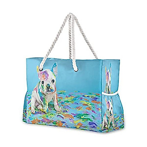 ALAZA Blue Color Pug Dog Animal Tote Bag Beach Large Bag Rope Handles for Shopping Groceries Travel Outdoors