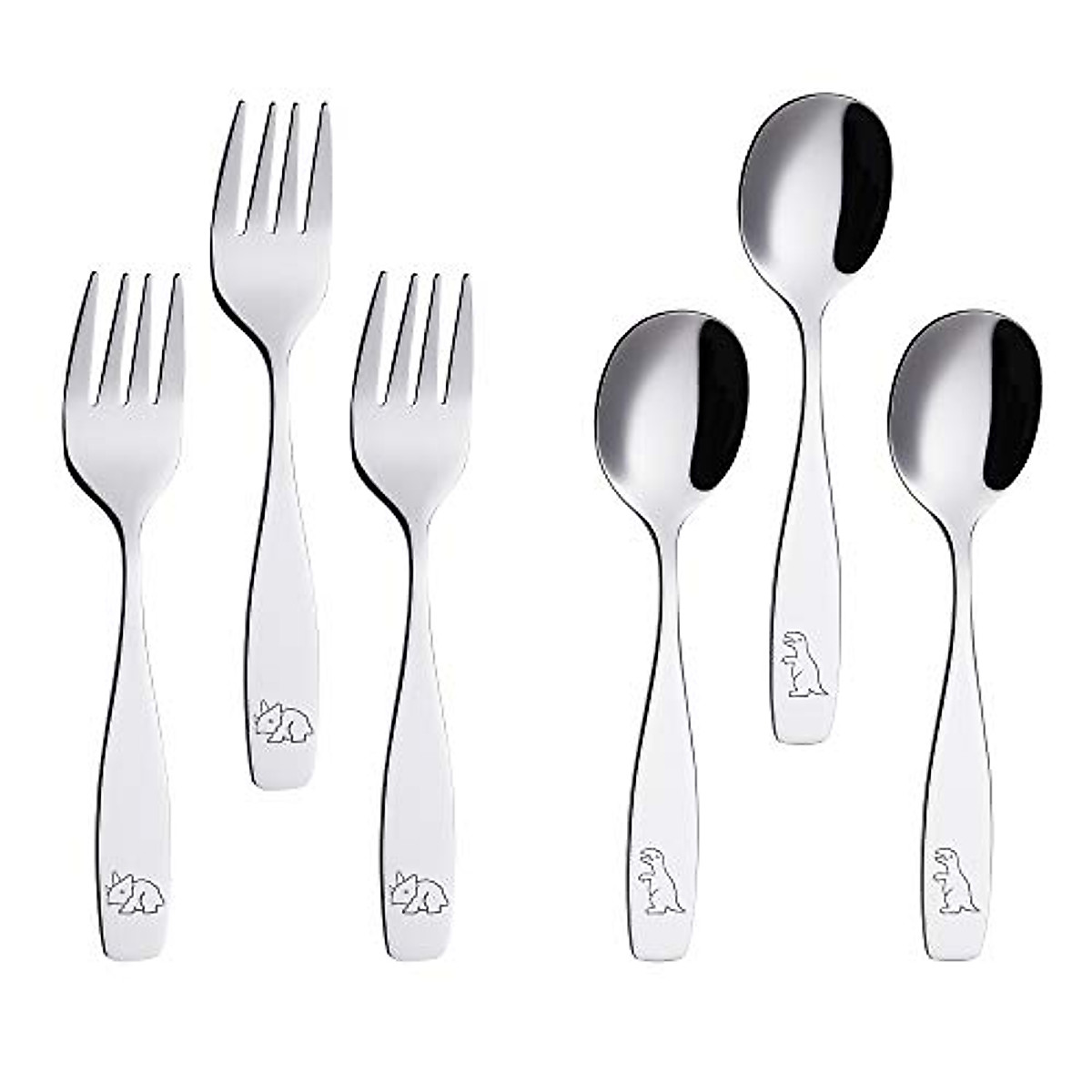 ANNOVA Children's Flatware 6 Pieces Set - Stainless Steel Silverware 3 x Safe Forks, 3 x Dinner Spoons - Kids Toddler Utensils Lunch Box (Engraved Dinosaurs T-Rex, Triceratops)