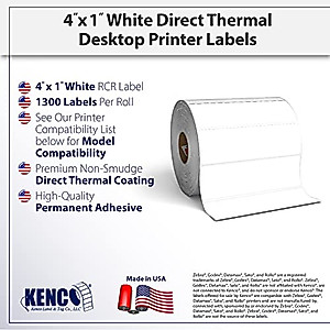 800540-105 Compatible KENCO® Brand 4 inch x 1 inch with perf Direct Thermal Labels to fit Eltron or Zebra Printers. 1 in. Core, 1,310 Labels Per Roll, 12 Rolls Per Case
