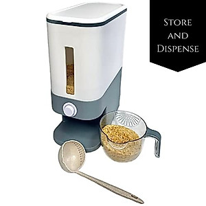 Sanujuan 20Lbs Rice Dispenser, Large Food Storage Container with Lid, Measuring Cup, 2-in-1 Spoon, Grains Cereal Container for Kitchen, Easy to install Pantry Organizer - White/Gray