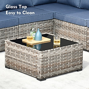 XIZZI Patio Furniture Sets Outdoor Sectional Sofa with Swivel Rocking Chairs,9 PCS All Weather PE Wicker Outside Conversation Couch with Coffee and Side Table for Backyard Deck Garden,Denim Blue