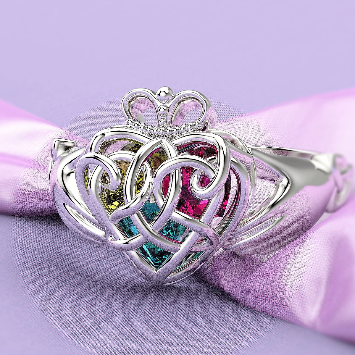 Soosi Claddagh Rings for Women, Personalized Mothers Rings with 1 2 3 Birthstones, Custom Mother Daughter Rings, Birthstone Rings for Women
