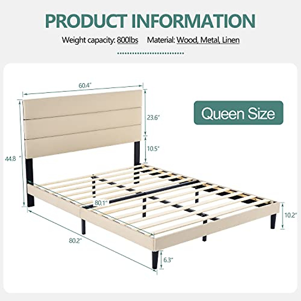 QZhommer Upholstered Platform Bed Queen Size Metal Bed Frame with Headboard and Strong Wooden Slats,Non-Slip and Noise-Free,No Box Spring Needed, Mattress Foundation,Easy Assembly,Beige