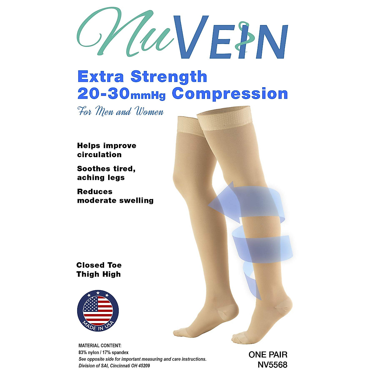 NuVein Medical Compression Stockings, 20-30 mmHg Support, Women & Men Thigh Length Hose, Closed Toe, Beige, Medium