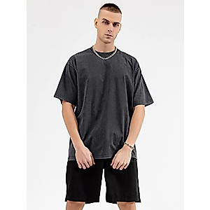 KEEPSHOWING Men's Cotton T-Shirts Oversized Unisex Short Sleeves Casual Loose Wash Solid Basic Tee Tops(A-Black XL)