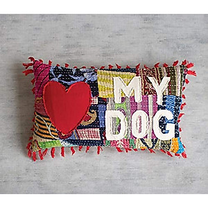 Love My Dog Kantha Throw Pillow Soft Patchwork Multicolor Red Tassel Rectangle