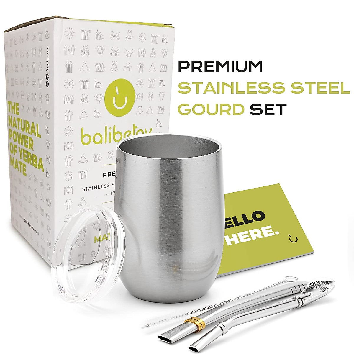 BALIBETOV 5 pcs large Yerba Mate Cup and Bombilla Kit, Includes one 12 oz Yerba Mate Gourd with Lid, Two Bombillas Mate Straw and one cleaning brush | Stainless steel | Double Walled