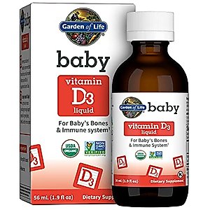 Garden of Life Baby Vitamin D3 Liquid, 600 IU (15 mcg) Organic Liquid Vitamin D for Infants & Toddlers, Support for Baby's Bones & Immune System, Gluten Free & Non-GMO, 56 mL (1.9 fl oz) Liquid