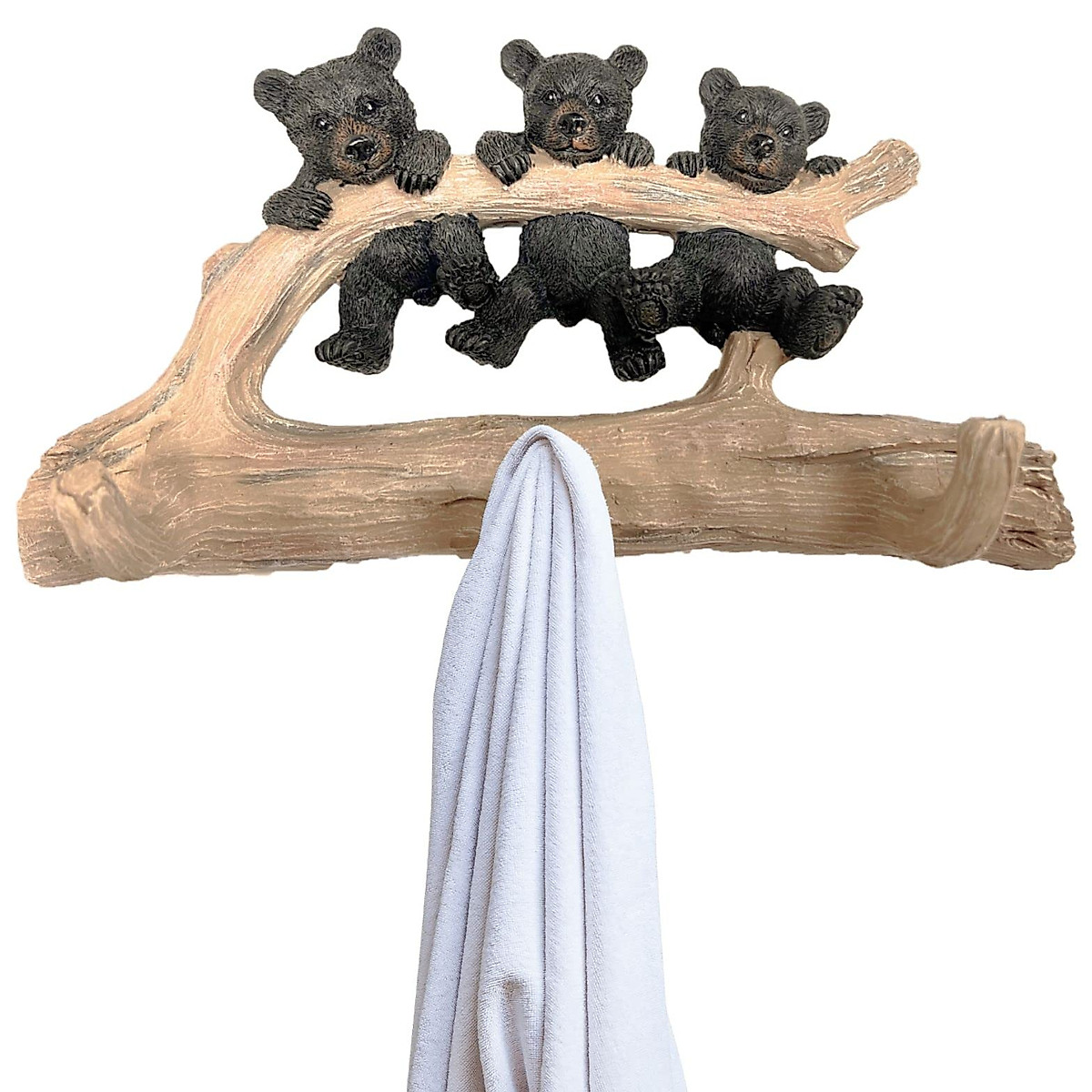 AMAJY Decorative Wall Mounted Hook with Three Black Bear Cubs Hanging on a Tree Branch for Coats, Towels, Bags, Caps and More - Cabin Lodge Style Decor