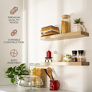 2 Pc Natural Pine Wooden Floating Shelves for Wall with No Drilling; Wall Mounted Wood Shelf Set; Wall Shelves for Living Room, Bathroom, Kitchen and Bedroom Bookshelf (DIY-Natural, 24 inch)