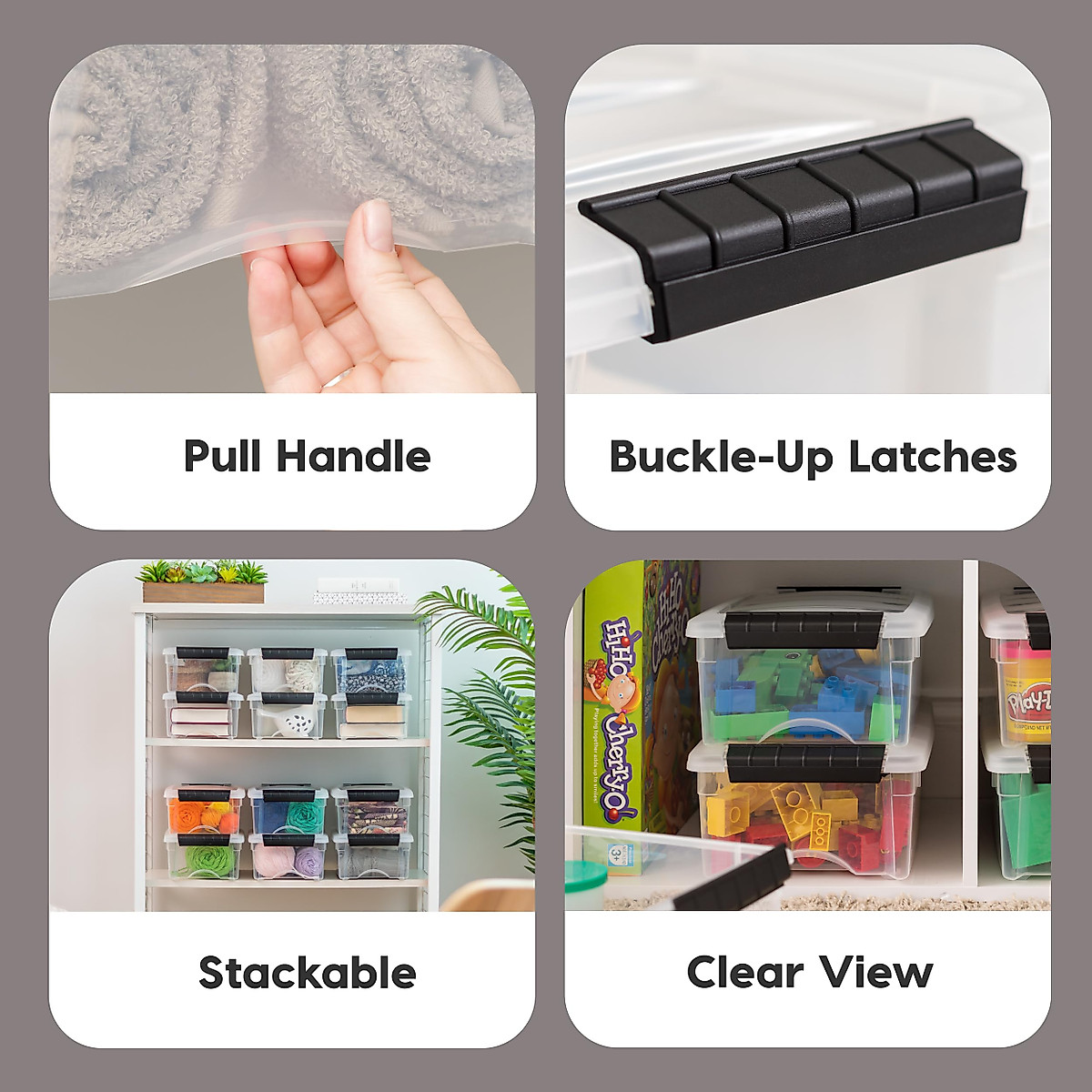 IRIS USA 6 Qt Stackable Plastic Storage Bins with Lids, 10 Pack - BPA-Free, Made in USA - See-Through Organizing Solution, Latches, Durable Nestable Containers, Secure Pull Handle - Clear/Black