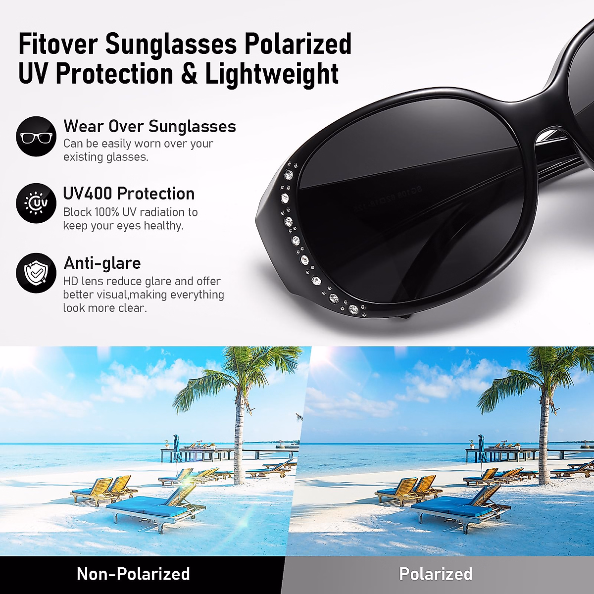 HAOLOTA Women's Polarized Fit Over Sunglasses with Rhinestone, Sun Glasses for Prescription Glasses UV400 Protection