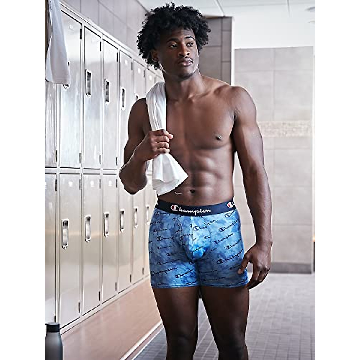 Champion Men's Underwear Boxer Briefs, Everyday Active, Lightweight Stretch, Multi-Pack, Blue Print With Champion Logo/Navy/Silverstone - 3 Pack, Large