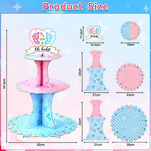 Gender Reveal Party Cupcake Stand Decorations, Blue and Pink 3 Tier Baby Shower Cupcake Toppers Tower Cardboard Supplies for Boy Girl Baby Gender Reveal Birthday Party Favors