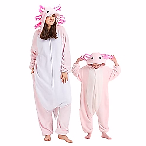 DELEY Unisex Adult Axolotl Onesie Pajamas, Flannel Animal One Piece Costume Sleepwear Halloween Cosplay Homewear