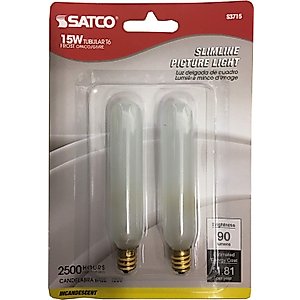 Satco S3715 Tubular Shaped Incandescent Light Bulb (Pack of 2), Frosted Finish, 15 Watts, 120 Volts, 90 Initial Lumens, T6 Lamp Shape, Tubular Lamp, Candelabra Base, E12 ANSI Base, 360 Beam Spread