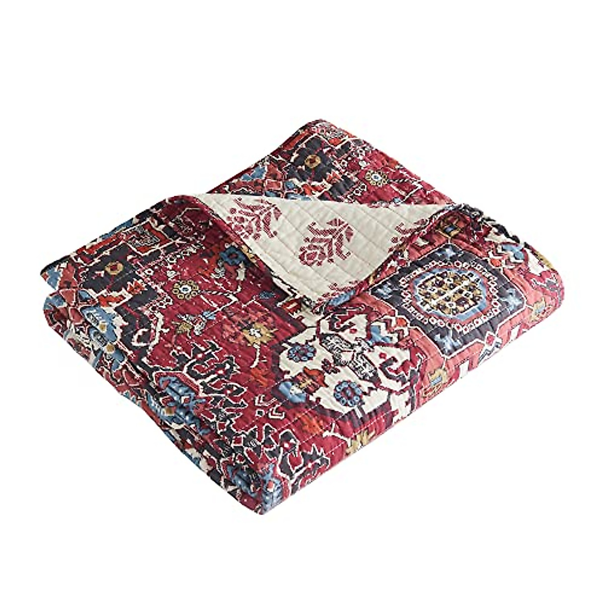 Levtex Home - Khotan Red - Throw - Bordered Medallion - Burgundy Red Cream Blue Green - Throw 50x60in. - Cotton/Cotton