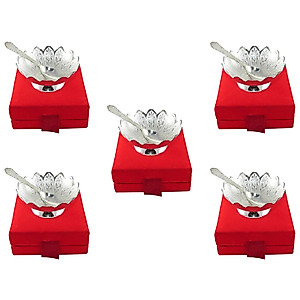 GoldGiftIdeas 4 Inch Silver Plated Lotus Shape Serving Bowl, Decorative Brass Bowl, Wedding Return Gift (Pack of 5)