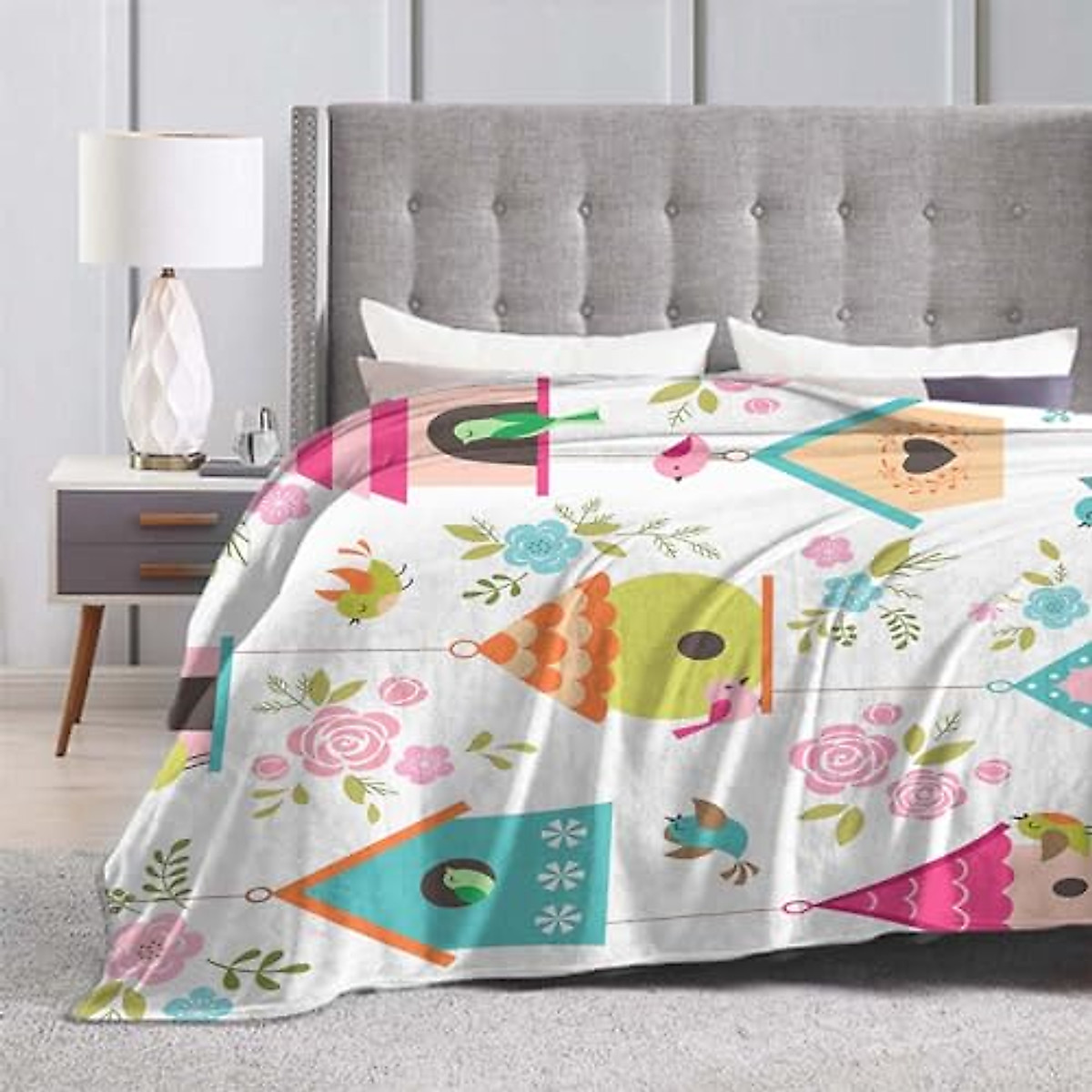 Throw Blanket 60x80 Inch,Floral Birds Houses Home Flannel Soft Cozy Fluffy Throw Blankets and Warm Throws for Adults in Couch Sofa Bed 60x50 Inch