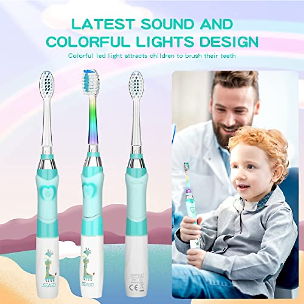 SEAGO Kids Electric Toothbrushes, Battery Powered Children Toothbrush with 2 Mins Timer and LED Light, Soft Kids Tooth Brush Sonic Toothbrush for Boys Girls Ages 4+ (Green)