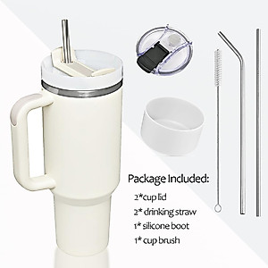 ROPFEE Stainless Steel 40 oz Tumbler Cup with Handle and Drinking Straw Lid| Insulated Tumbler with Silicone Boot | Large Travel Water Bottle | Christmas/Birthday Gift for Him/Her (Cream White)