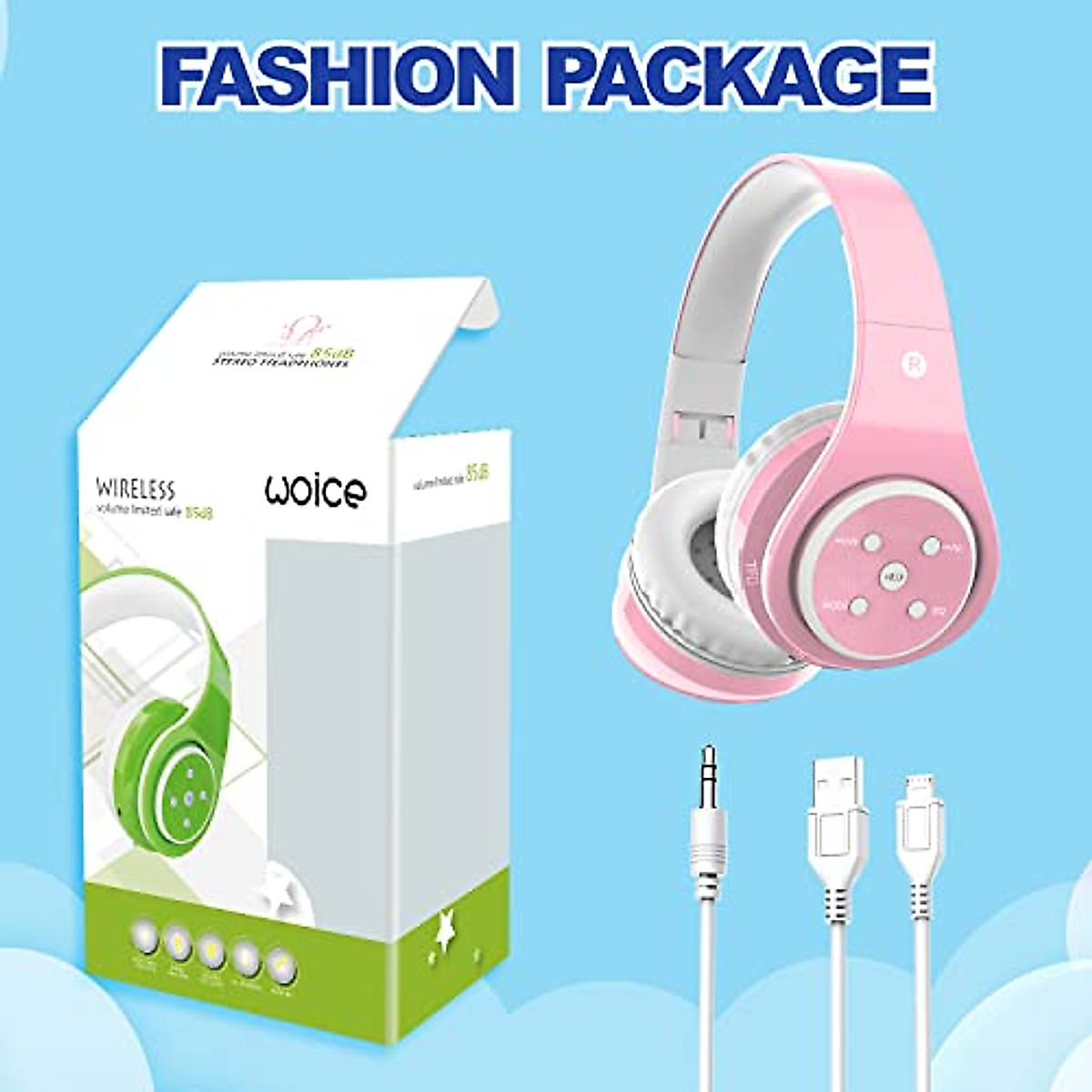 Woice Kids Bluetooth Headphones 85db/110db Volume Limit Wireless/Wired Aux Port Foldable Noise Protection Over-Ear Build-in Mic Headphones for Kids Adults Travel School Phone Pad Tablet PC Pink