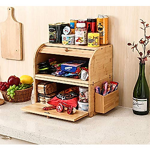 TQVAI Natural Bamboo 2 Layer Large Bread Box for Kitchen Counter Wood Bread Storage Container - Can Use as 2 Individual Bread Bin - Assembly Required, Original