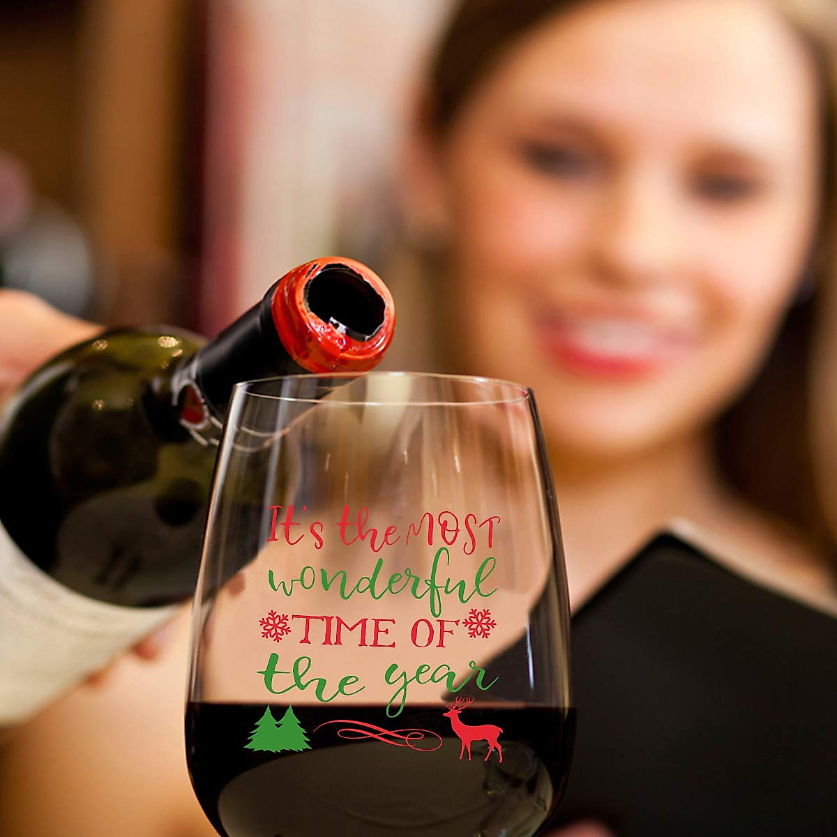 Futtumy It's the Most Wonderful Time of the Year Stemless Wine Glass 15oz, Unique Christmas Wine Glass for Men Women Mom Dad Wife Husband Friend on Christmas Birthday Wedding, Set of 2