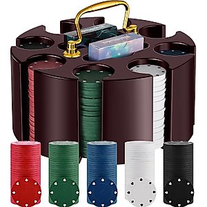 Wettarn Poker Chips Poker Set, 200 Count Rotating Poker Chip Case Wood Carousel Case Holder with 200 Pcs Chips and 2 Decks of Playing Cards for Casino Party Supplies Family Game Gambling Accessory