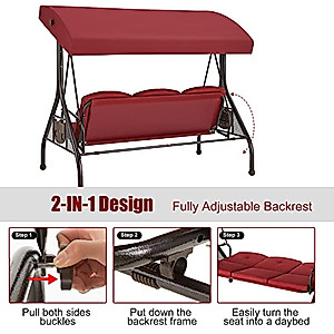 GYUTEI 3-Seat Outdoor Patio Swing Chair,Porch Swing Chair with Adjustable Backrest and Canopy,Outdoor Porch Swing Glider Chair,w/Cushions,Pillows and Cup Holders for Porch, Backyard(Wine RED)