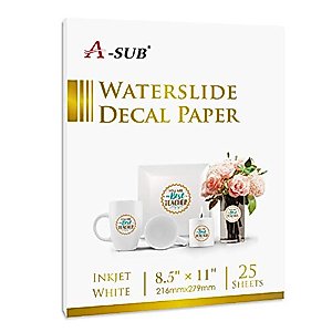A-SUB Waterslide Decal Paper for Inkjet Printers 25 Sheets White Water Slide Transfer Paper 8.5x11 in for DIY Tumbler, Mug, Glass Decals