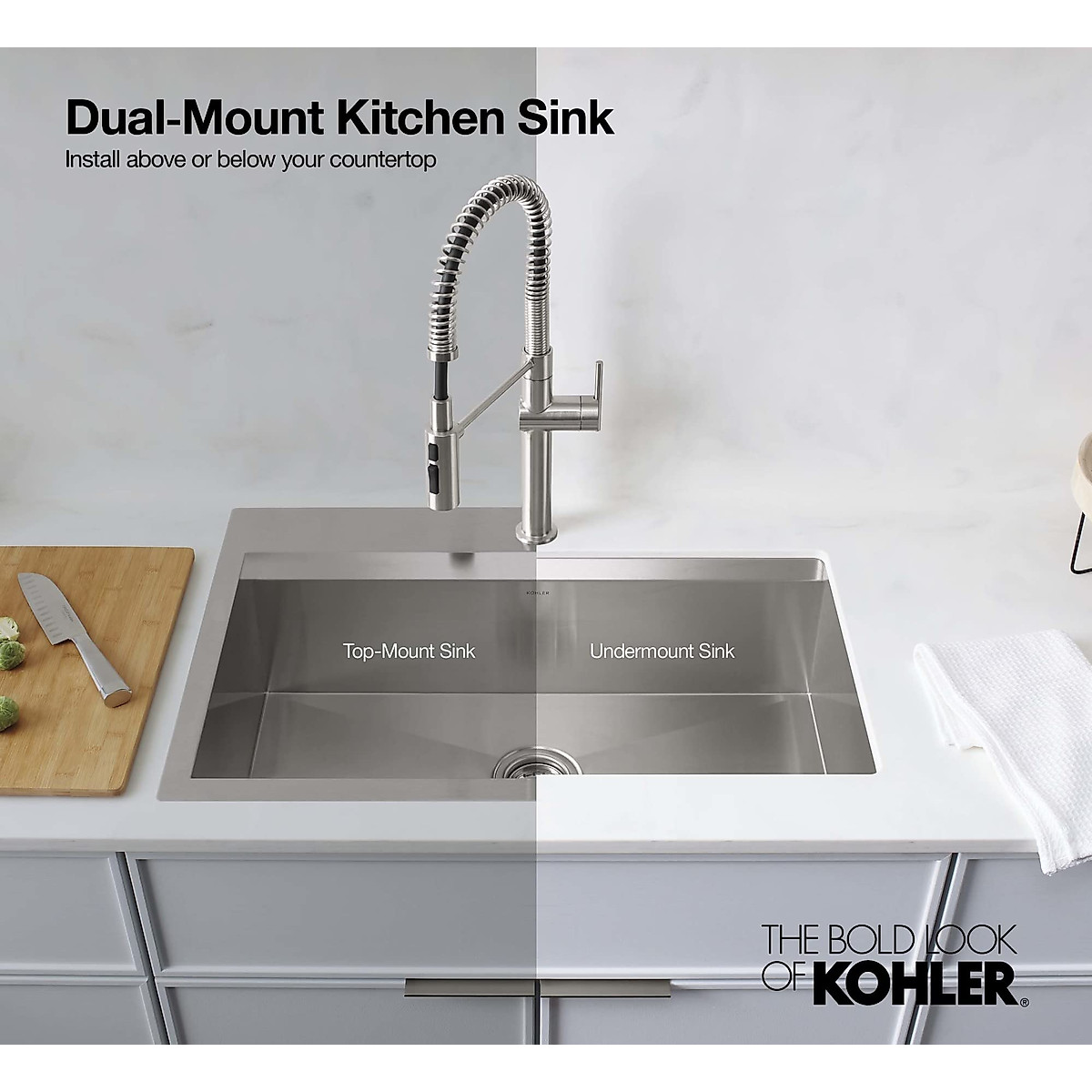KOHLER Task Kitchen Sink, Stainless Steel Dual Mount Single Bowl, 33" Workstation Sink, 1 hole faucet, K-80084-1PC-NA