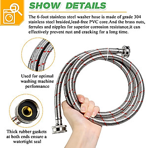 Techecook 6Ft Washing Machine Hoses Stainless Steel Burst Proof Washer Supply Lines- 2Pcs Hot and Cold Washer Hoses- 6Ft Washer Hoses Universal for All Washing Machine Supply Lines- 10 Years Warranty