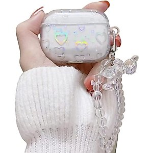 Clear Holographic Heart Case Compatible for Airpods Pro 2nd,Love Heart Laser Pattern Aesthetic Glitter AirPods Protective Cases with Cute Bear Transparent Bead Bracelet Keychain