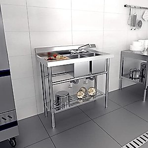 VINGLI 39" W 2 Compartment Commercial Sink with Drainboard, Double Basin Sink and A Shelf Underneath, 304 Stainless Steel Table with Sink, Freestanding Utility Sink and Countertop for Restaurant, Shop