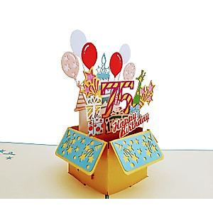 iGifts And Cards Happy 75th Blue Birthday Party Box 3D Pop Up Greeting Card – Seventy-Five, Awesome, Balloons, Unique, Celebration, Feliz Cumpleaños, Fun, Mom, Dad