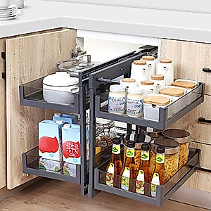 Blind Corner Cabinet Pull Out Organizer with 4-Shelf Glass Basket Corner Stainless Steel Damping Guide Rail Cabinet Storage Shelves Spice Rack for Installation on Left or Right Blind Corner Cabinet