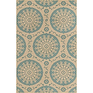 Unique Loom Outdoor Botanical Collection Area Rug - Medallion (5' 3" x 8' Rectangle, Aqua/ Beige)