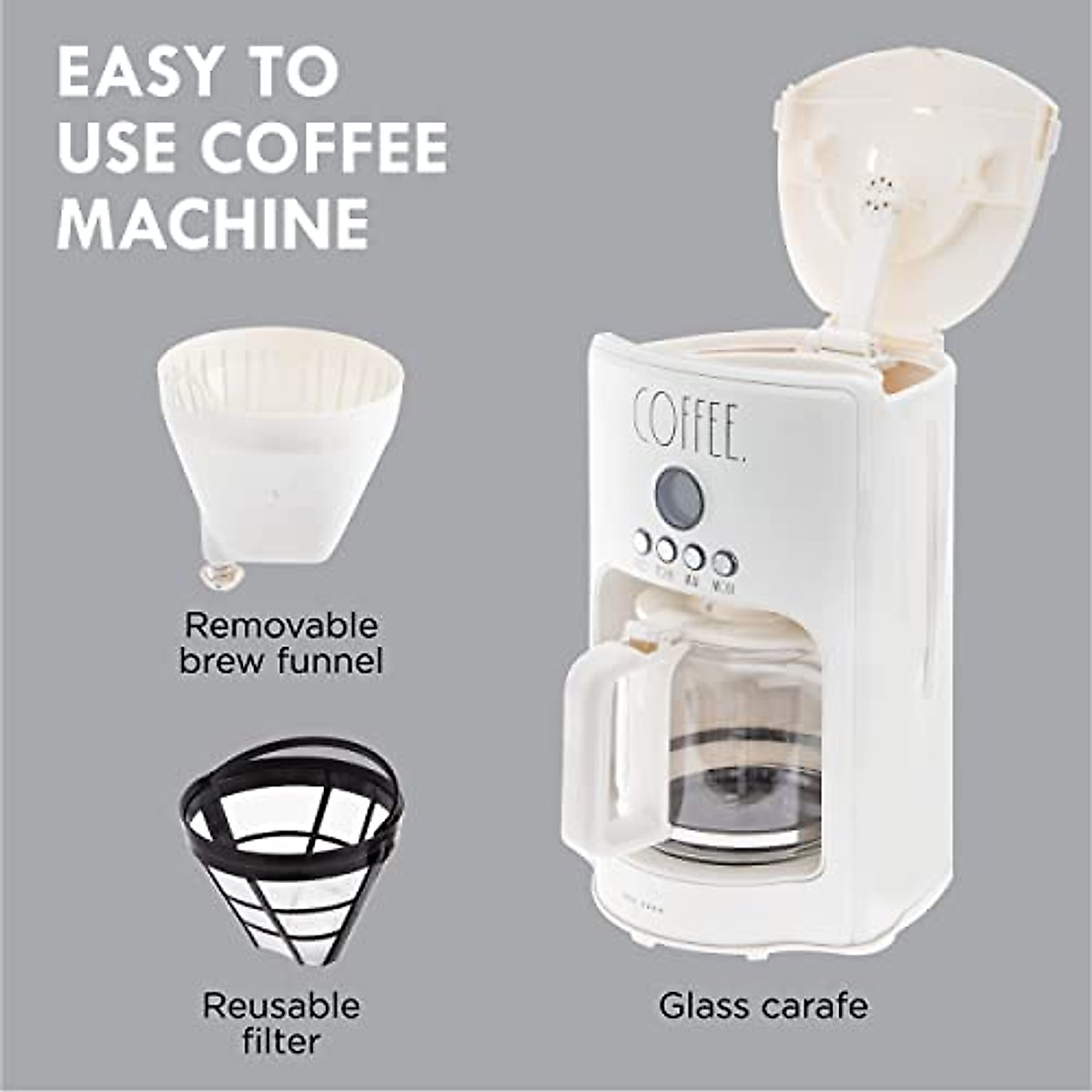 Rae Dunn Programmable Drip Coffee Maker, Coffee Pot for Kitchen, Electric Coffee Machine for Brewing Coffee. Easy to Use Coffee Maker Brews 12 Cups, Genuine Labelled COFFEE