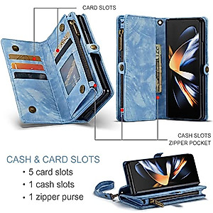 Zttopo for Samsung Galaxy Z Fold 4 Case, 2 in 1 Galaxy Z Fold 4 Wallet Case with Premium Leather Zipper Lanyard Card Holder, Durable Wristlet Flip Case Wallet Money Pocket Cover, Sky Blue